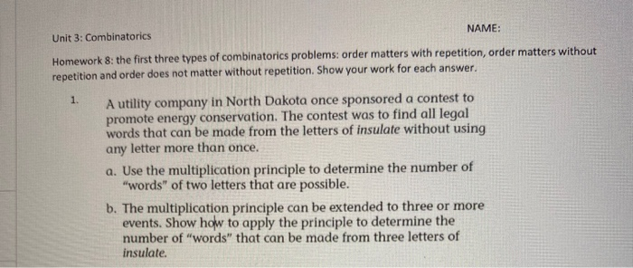 Solved Name Unit 3 Combinatorics Homework 8 The First 9757