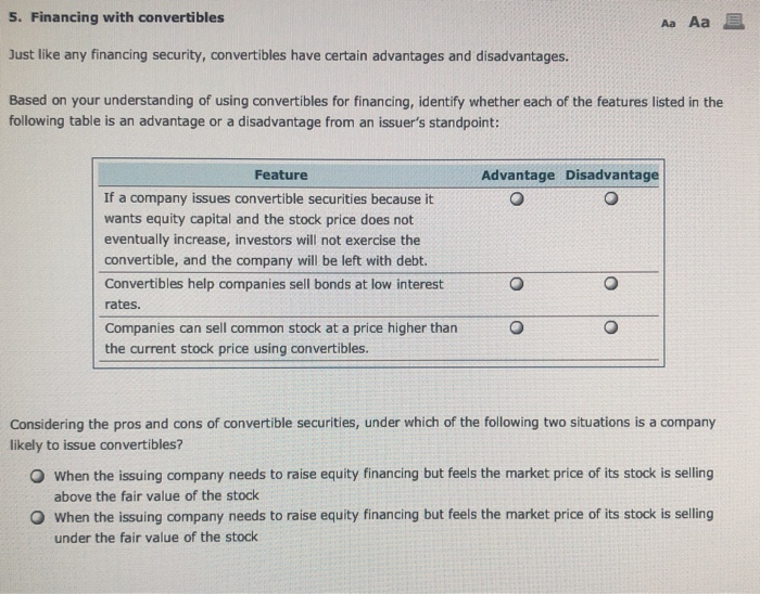 Solved 5. Financing with convertibles Aa Aa E Just like any | Chegg.com