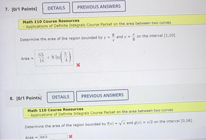 Solved Math 110 Course Resources - Applications of Definite | Chegg.com