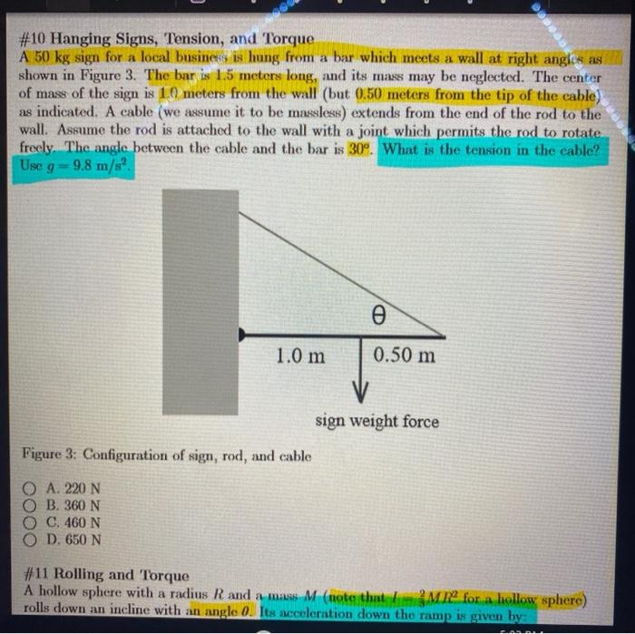 Solved #10 Hanging Signs, Tension, and Torque A 50 kg sign | Chegg.com