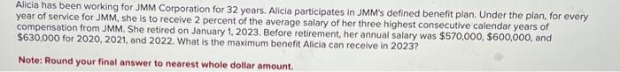 Solved Alicia has been working for JMM Corporation for 32 | Chegg.com