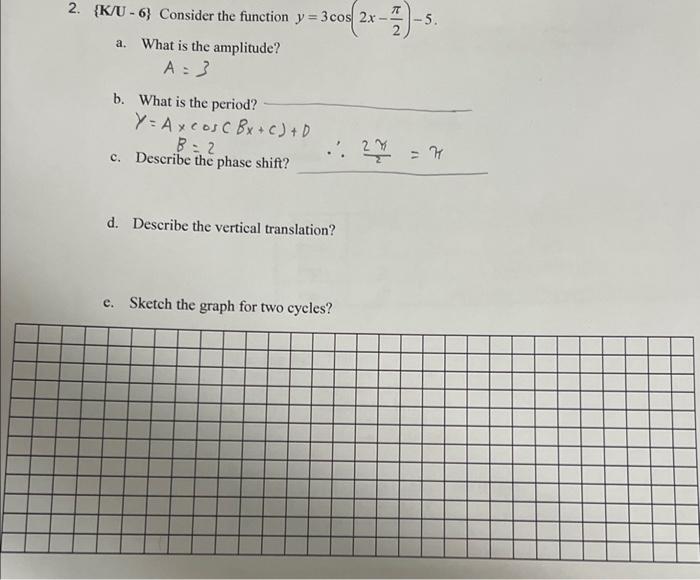 Solved K/U−6) Consider the function y=3cos(2x−2π)−5. a. What | Chegg.com