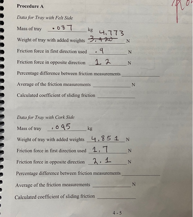 Solved Procedure A LC Data for Tray with Felt Side Mass of | Chegg.com