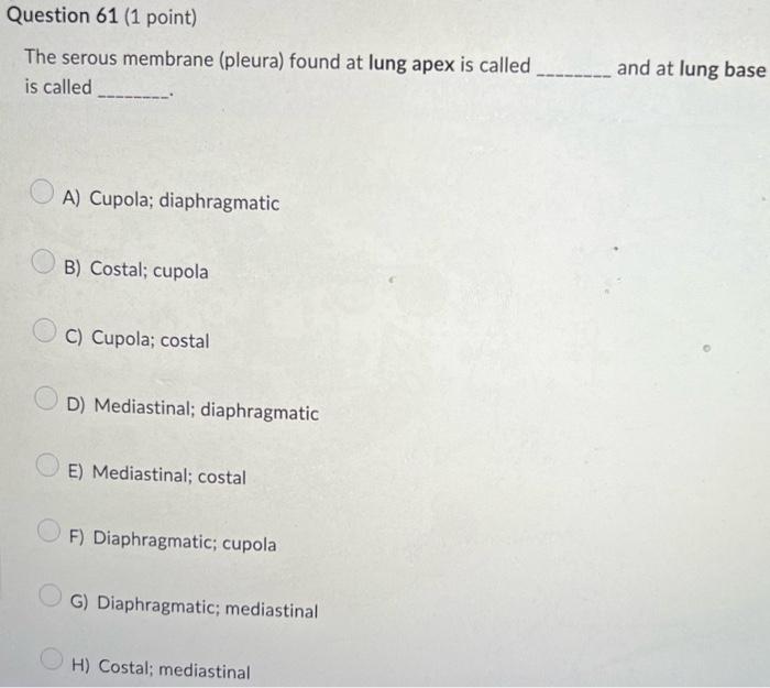 Solved The serous membrane (pleura) found at lung apex is | Chegg.com