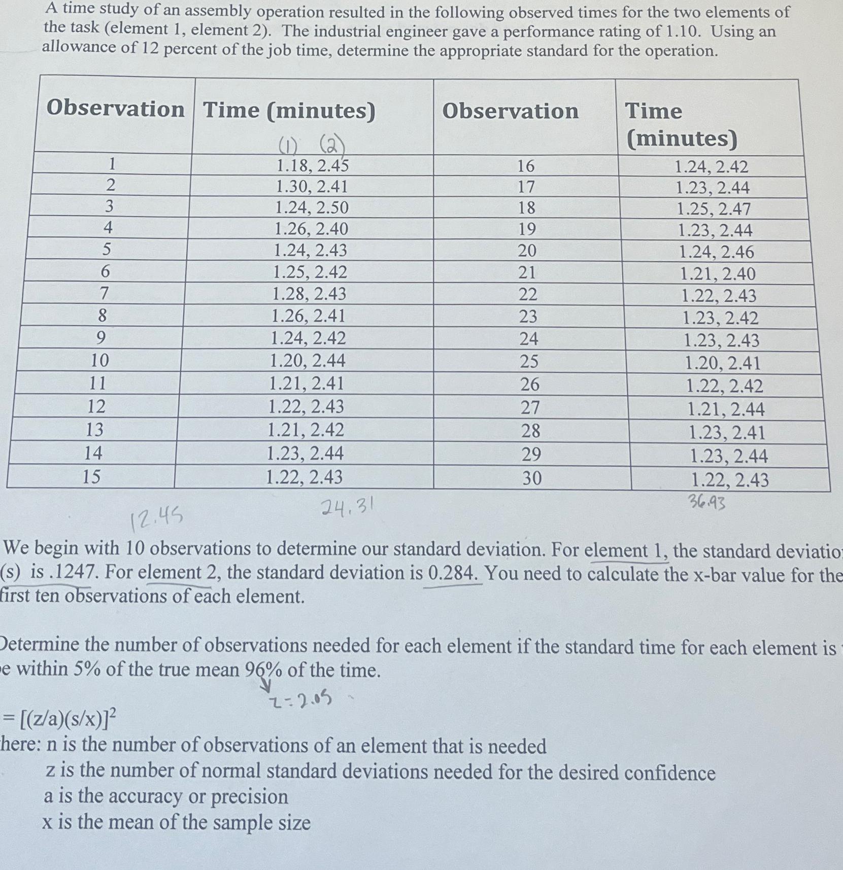 Solved A time study of an assembly operation resulted in the | Chegg.com