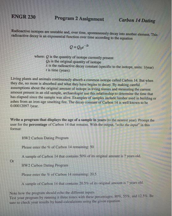 Solved Engr 230 Program 2 Assignment Carbon 14 Dating 