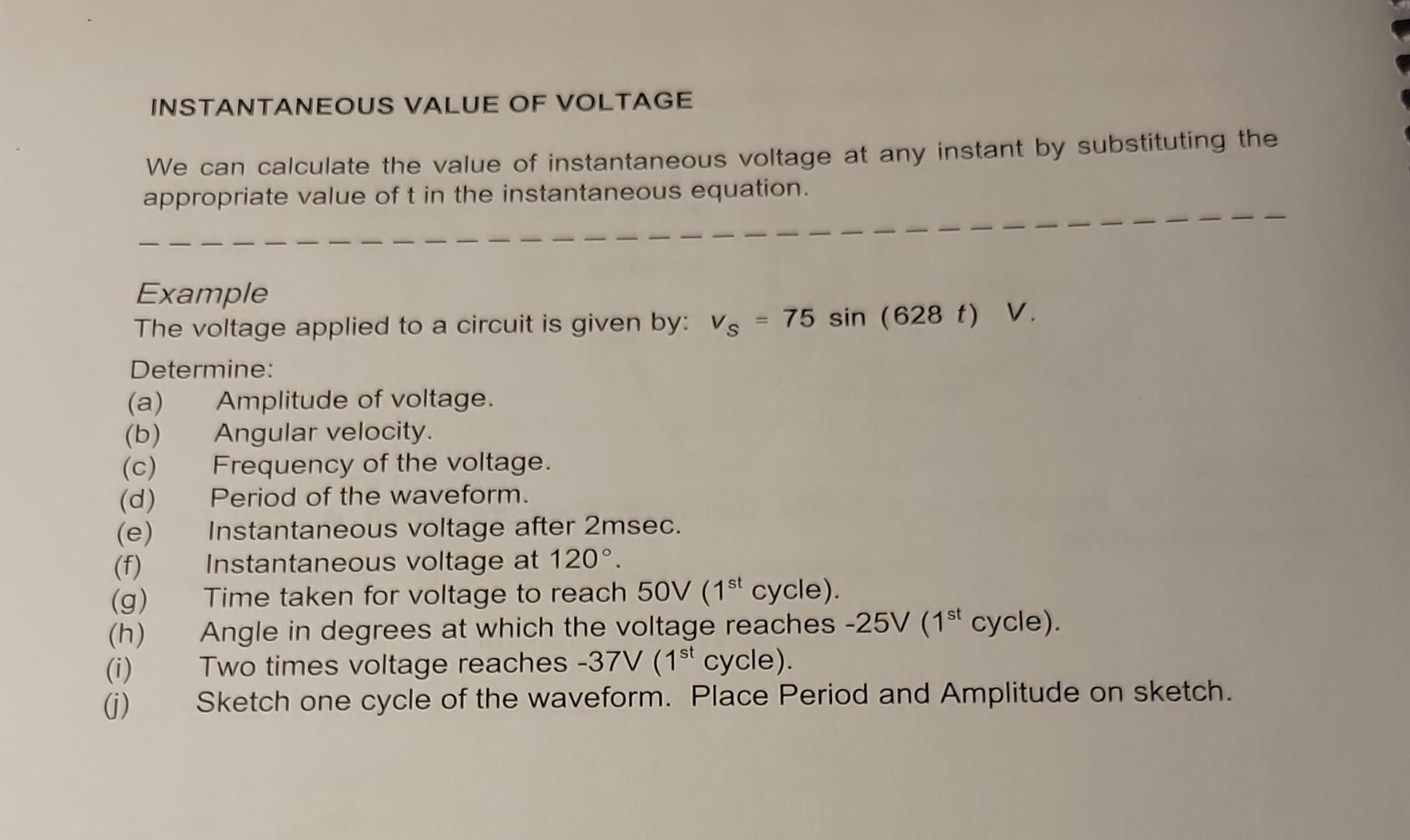 Solved INSTANTANEOUS VALUE OF VOLTAGE We can calculate the | Chegg.com