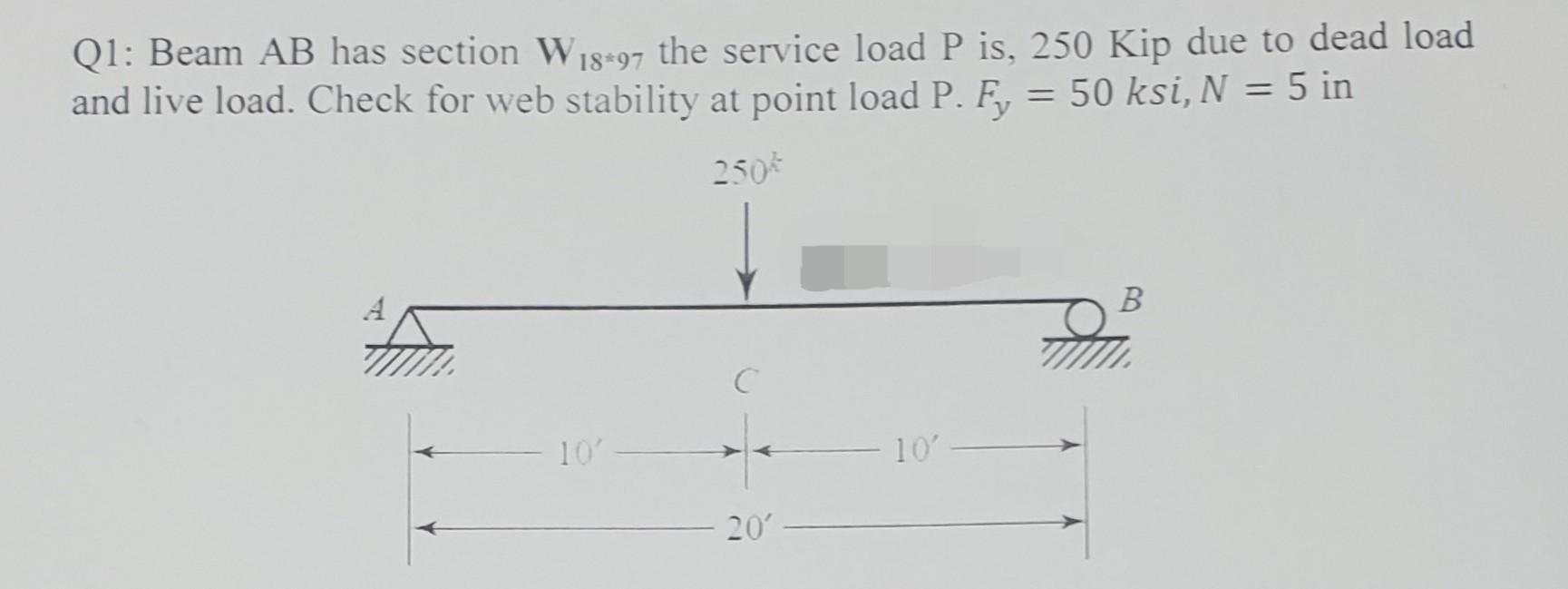 Solved Q1: Beam AB has section W18∗97 the service load P is, | Chegg.com