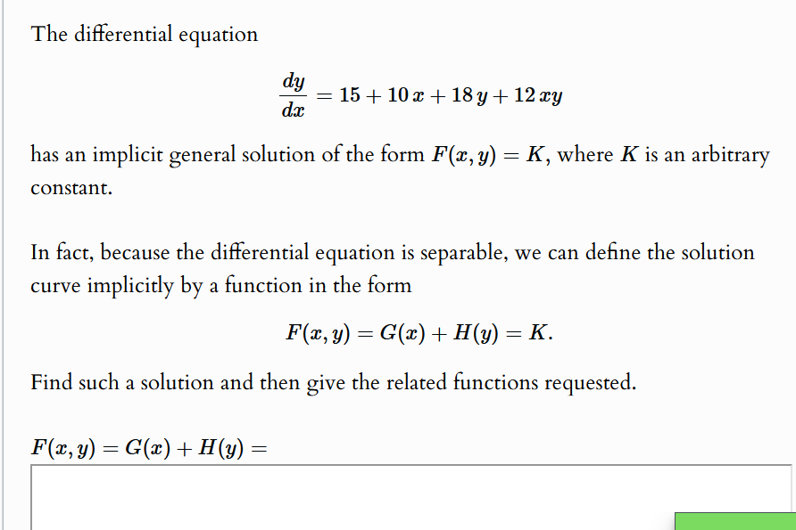 Solved The differential equationdydx=15+10x+18y+12xyhas an | Chegg.com