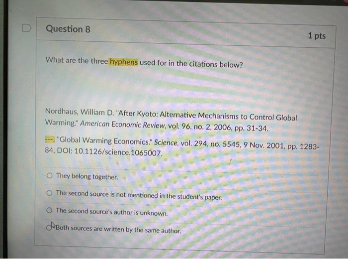 What are the three hyphens used for in the citations | Chegg.com