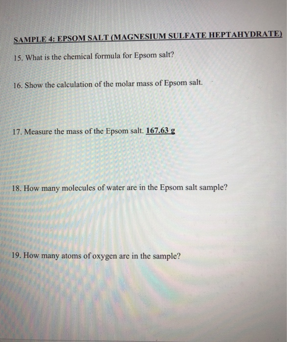 Solved SAMPLE 4: EPSOM SALT (MAGNESIUM SULFATE HEPTAHYDRATE) | Chegg.com