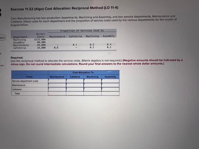Solved Exercise 11-32 (Algo) Cost Allocation: Reciprocal | Chegg.com