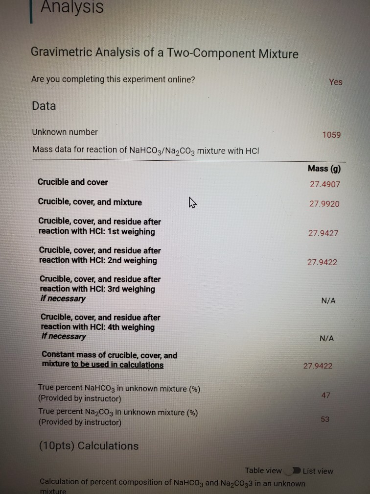 Solved Analysis Gravimetric Analysis of a Two-Component | Chegg.com