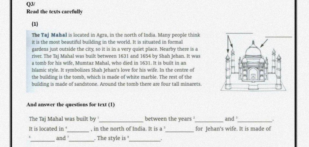 Solved Q3/ Read the texts carefully (1) The Taj Mahal is | Chegg.com