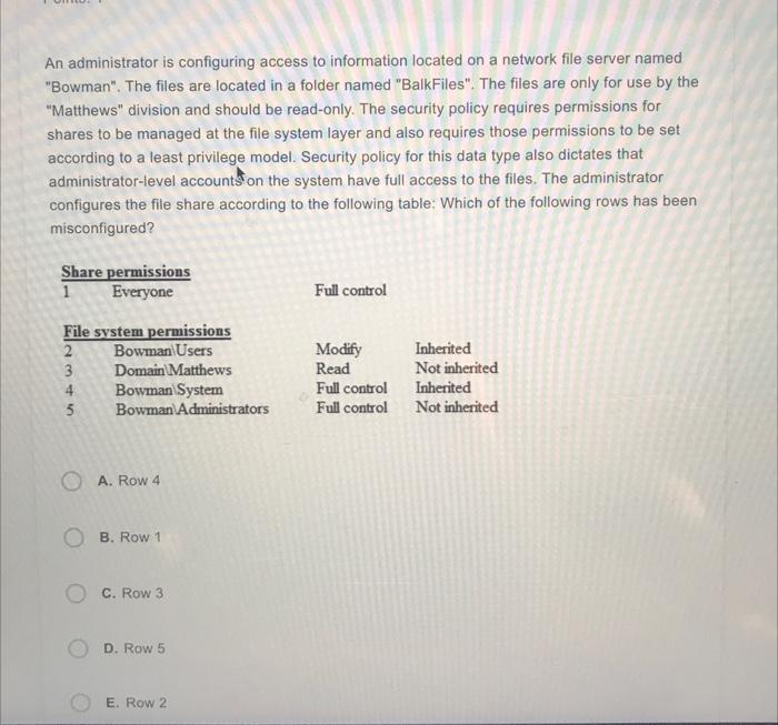 Solved An administrator is configuring access to information | Chegg.com