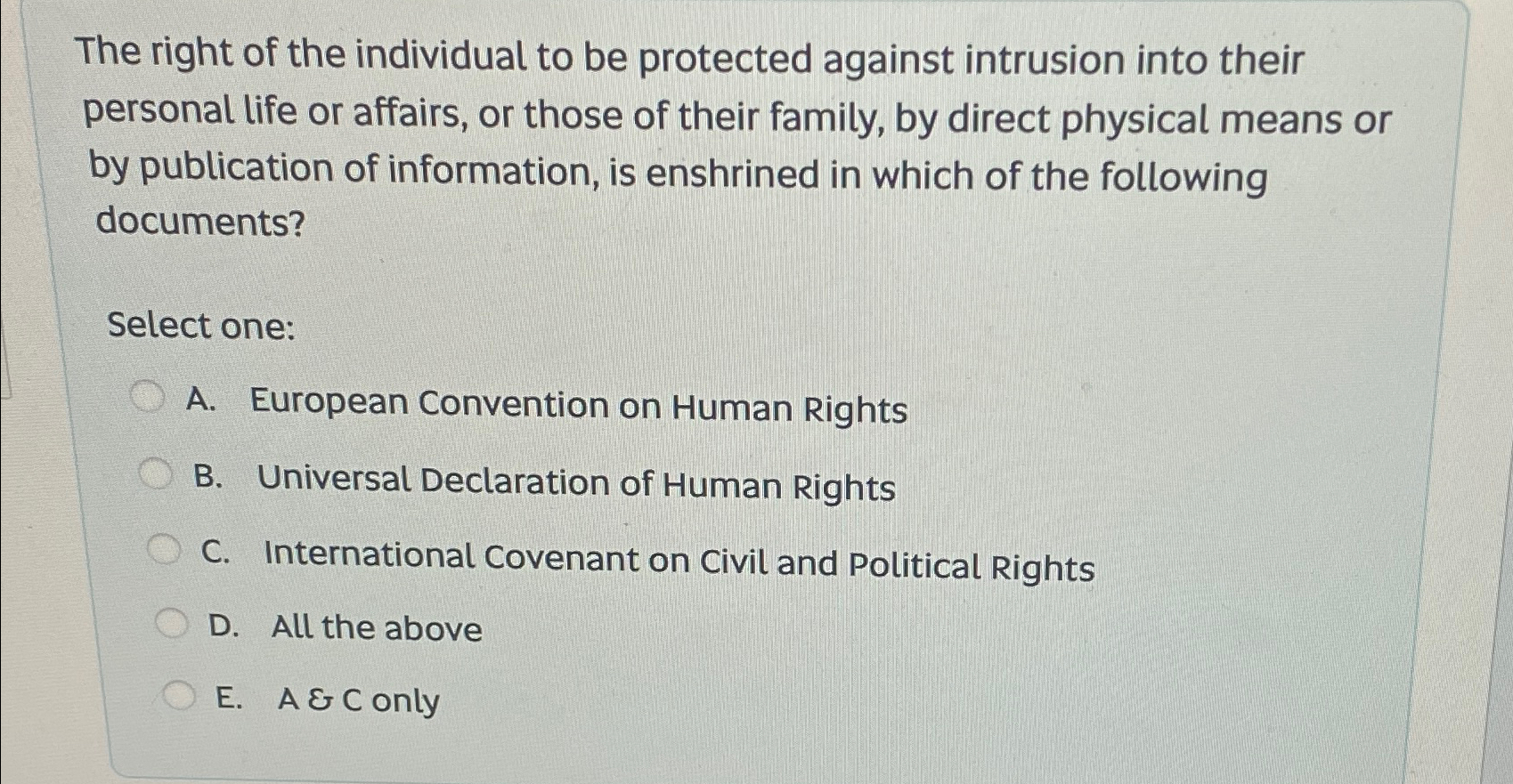 Solved The right of the individual to be protected against | Chegg.com