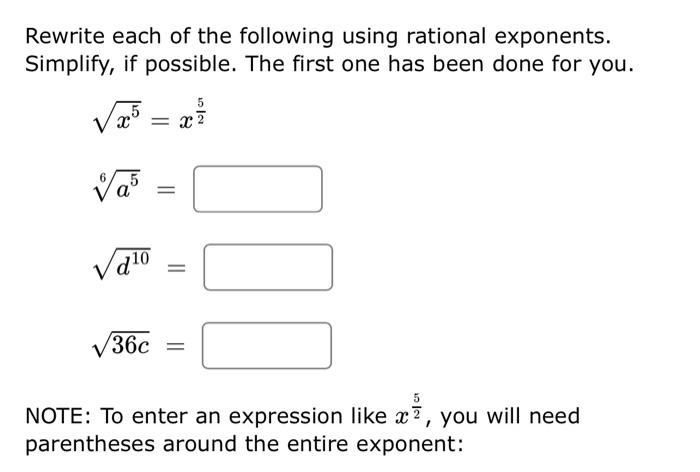 Solved Rewrite each of the following using rational | Chegg.com