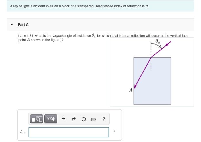 Solved A ray of light is incident in air on a block of a | Chegg.com