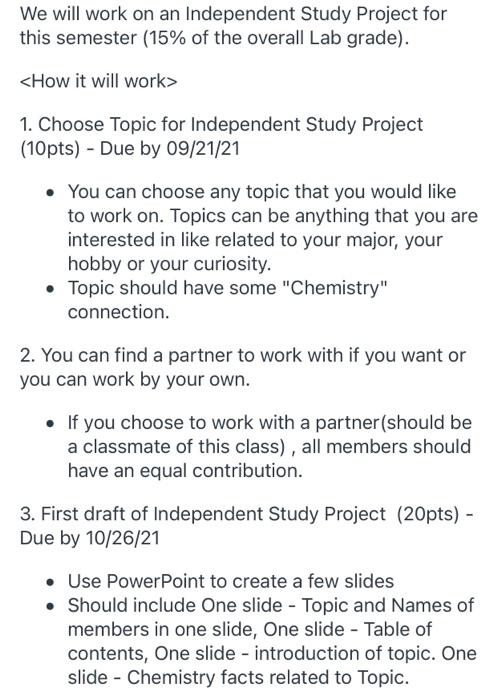 Solved We will work on an Independent Study Project for this | Chegg.com