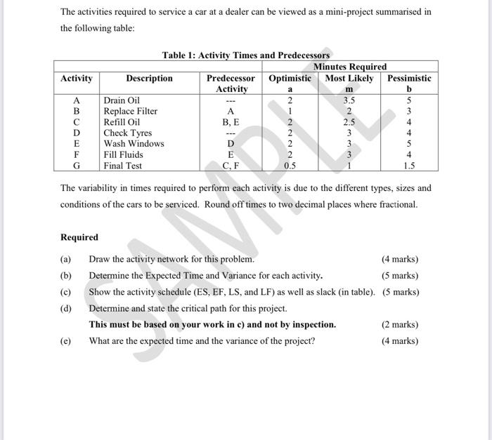Solved The activities required to service a car at a dealer | Chegg.com