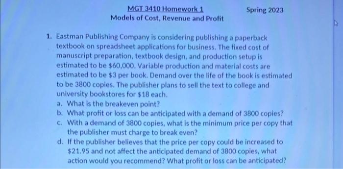 Solved 1. Eastman Publishing Company is considering | Chegg.com Solved 1. Eastman Publishing Company is considering | Chegg.com