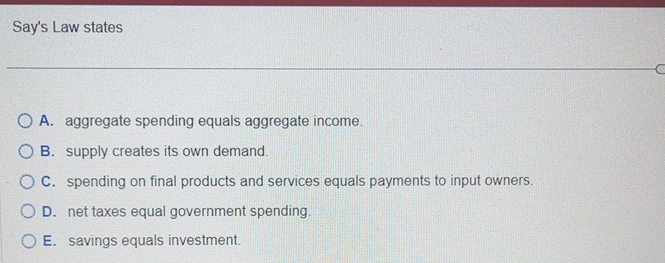 Solved Say's Law statesA. ﻿aggregate spending equals | Chegg.com