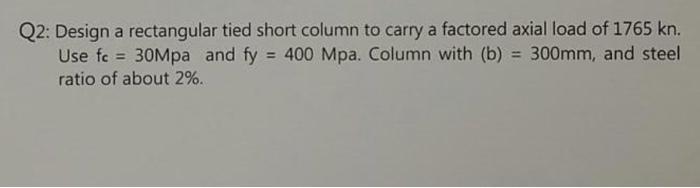Solved Q2: Design a rectangular tied short column to carry a | Chegg.com