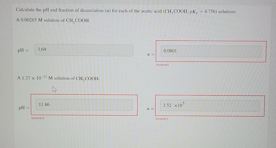 Solved Calculate the pH and fraction of dissociation (a) for | Chegg.com