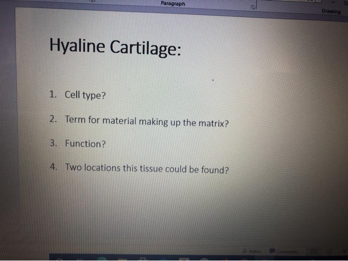 Solved Paragraph Drawing Hyaline Cartilage: 1. Cell type? 2. | Chegg.com