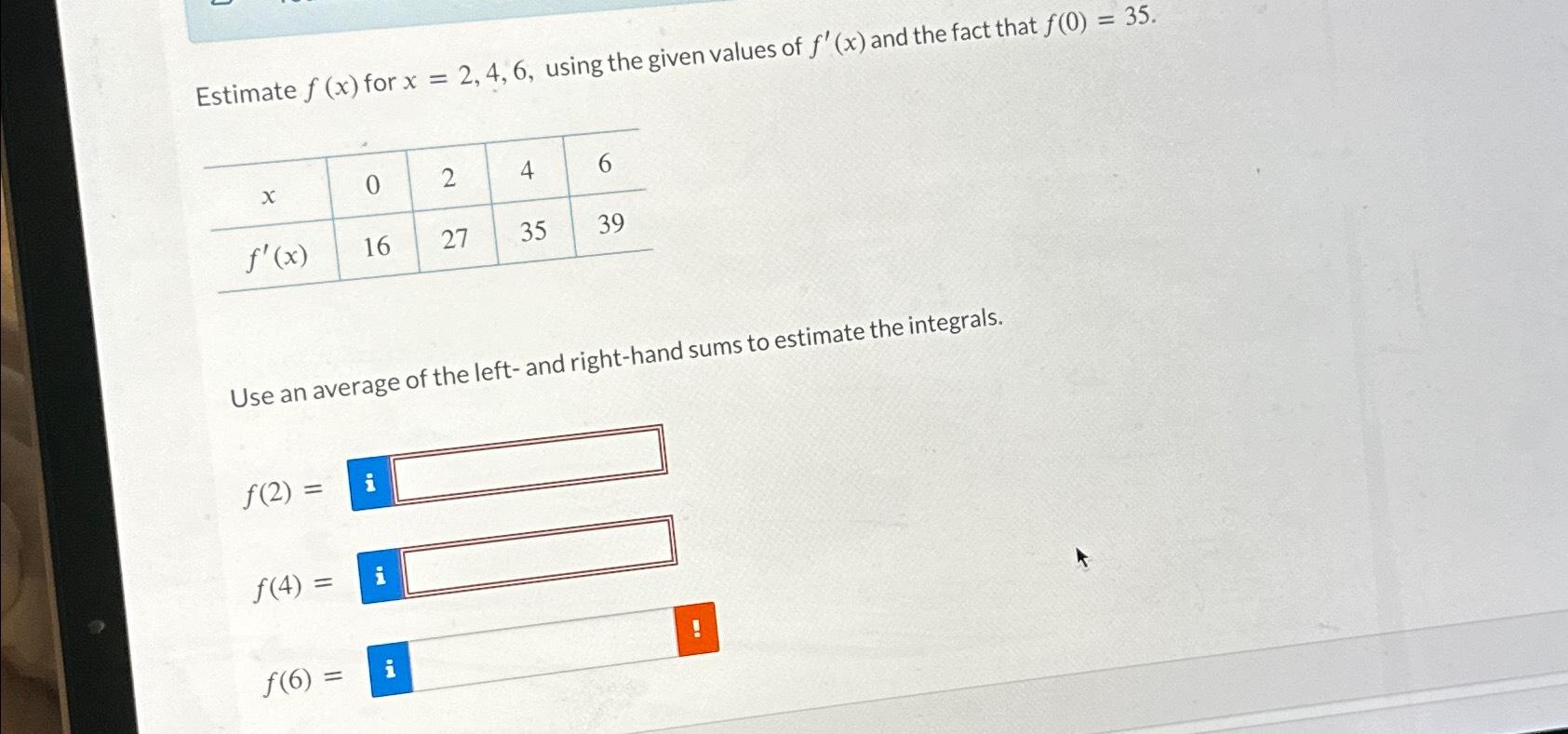 Solved Estimate f(x) ﻿for x=2,4,6, ﻿using the given values | Chegg.com