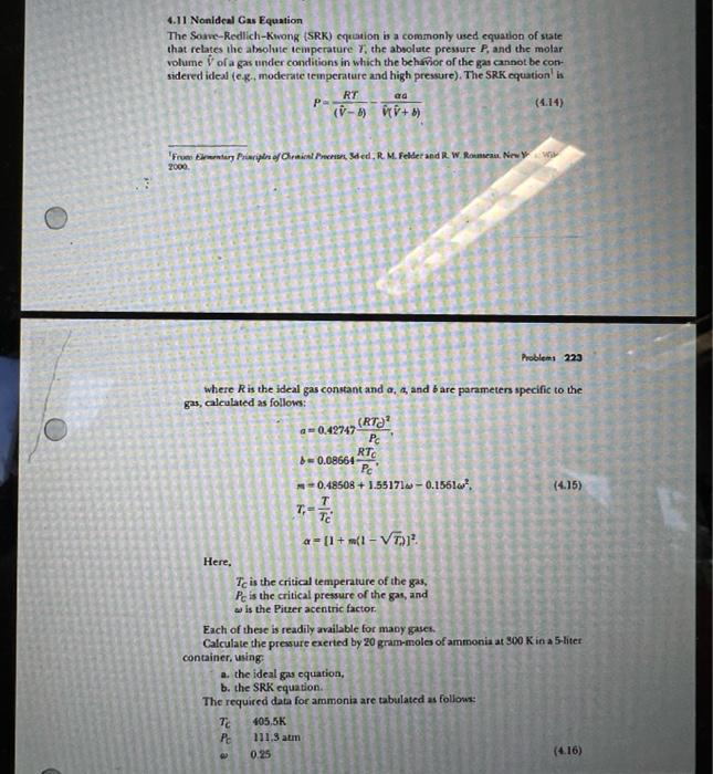 Solved 4.11 Nonideal Gas Equation The Soave-Redlich-Kwong | Chegg.com