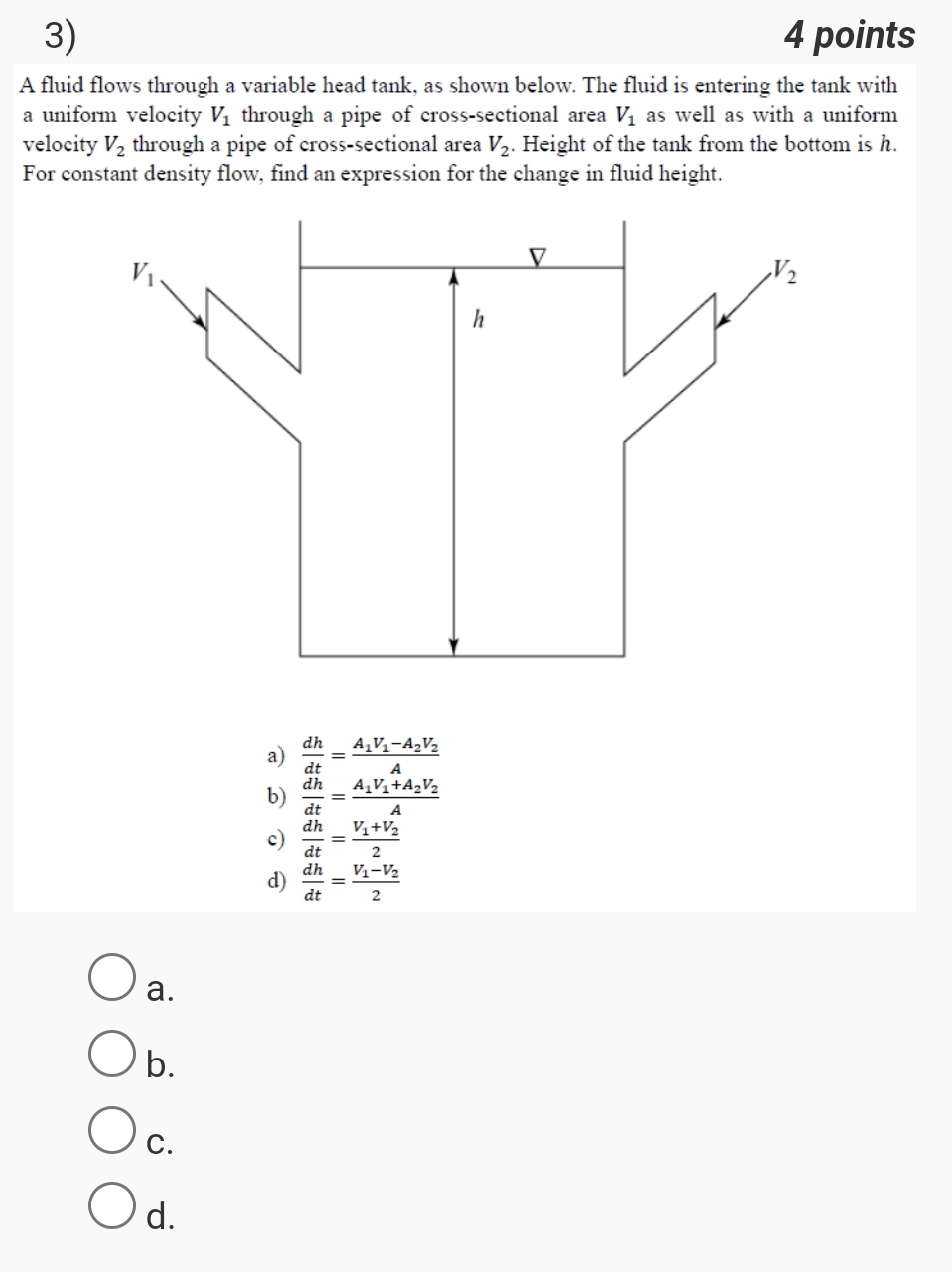 Solved 4 ﻿pointsA fluid flows through a variable head tank, | Chegg.com