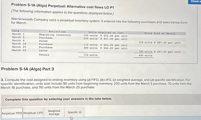 Solved Required information Problem 5-1A (Algo) Perpetual: | Chegg.com