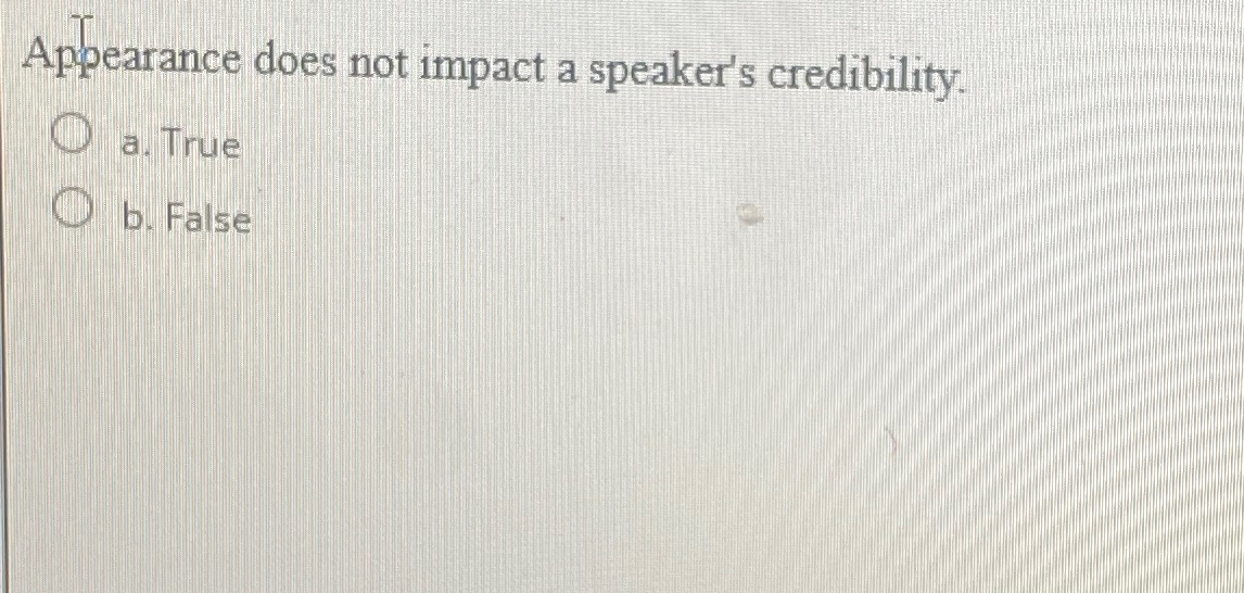 Solved Appearance does not impact a speaker's credibility.a. | Chegg.com