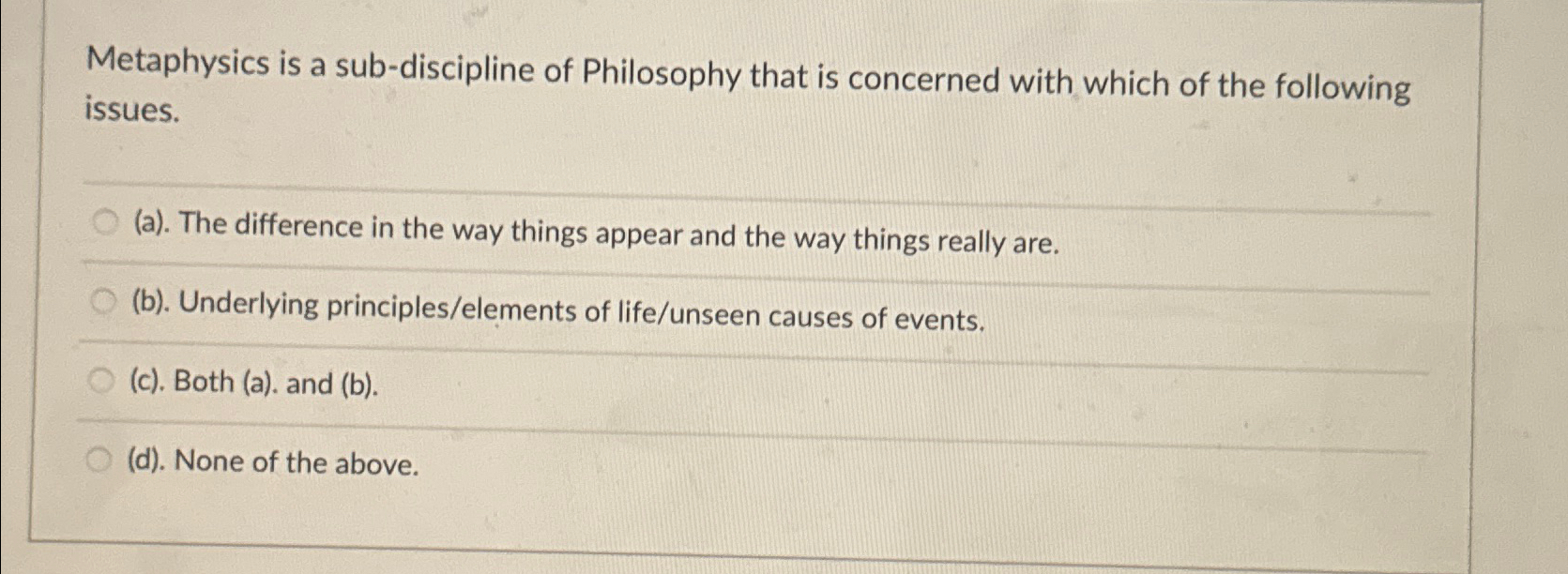 Solved Metaphysics is a sub-discipline of Philosophy that is | Chegg.com