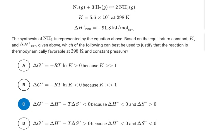 Solved N2(g) + 3 H2(9) = 2 NH3 (9) K = 5.6 x 105 at 298 K | Chegg.com