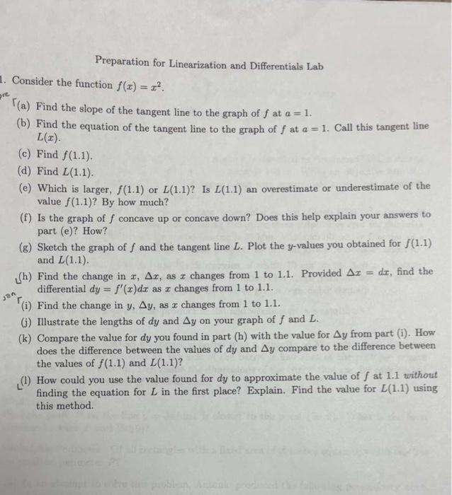 Solved Preparation for Linearization and Differentials Lab | Chegg.com