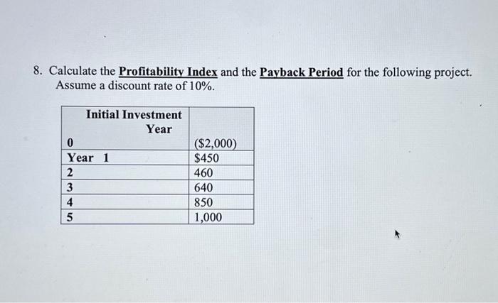 Solved 8. Calculate the Profitability Index and the Pavback | Chegg.com