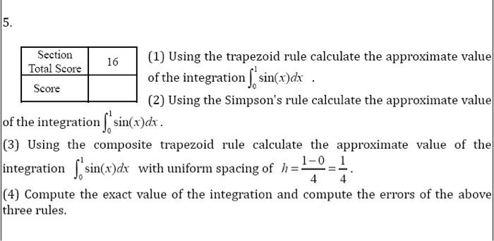 Solved 5. Section 16 (1) Using the trapezoid rule calculate | Chegg.com