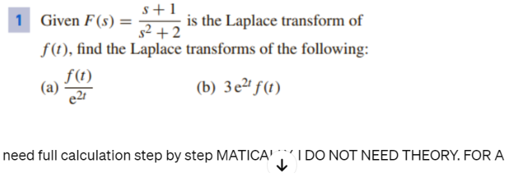 Solved 1 ﻿Given F(s)=s+1s2+2 ﻿is the Laplace transform | Chegg.com