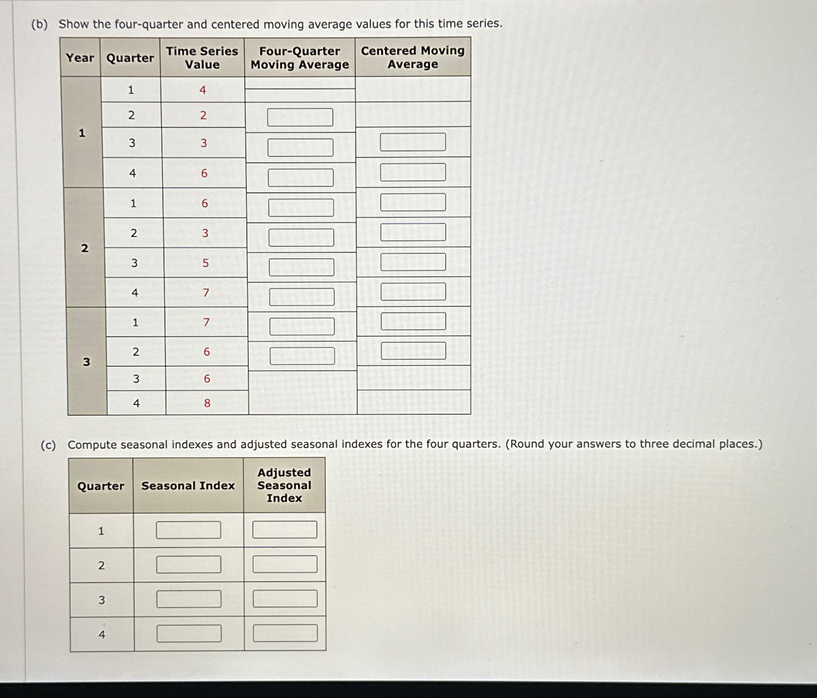 Solved (b) ﻿Show the four-quarter and centered moving | Chegg.com