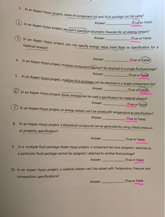 Solved 1. in an Aspen Hysys project, name of component list | Chegg.com