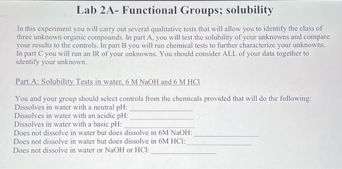 Solved Lab 2A- Functional Groups; solubility In this | Chegg.com