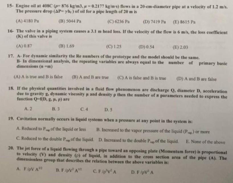 Solved 15- Engine oil at 408C(ρ=876 kg/m3,μ=0.2177 kg/m−s) | Chegg.com
