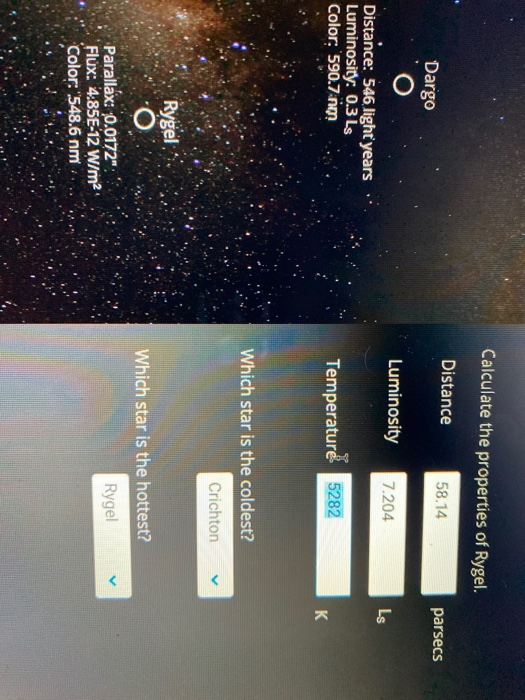 Solved Calculate the properties of Rygel. Distance 58.14 | Chegg.com