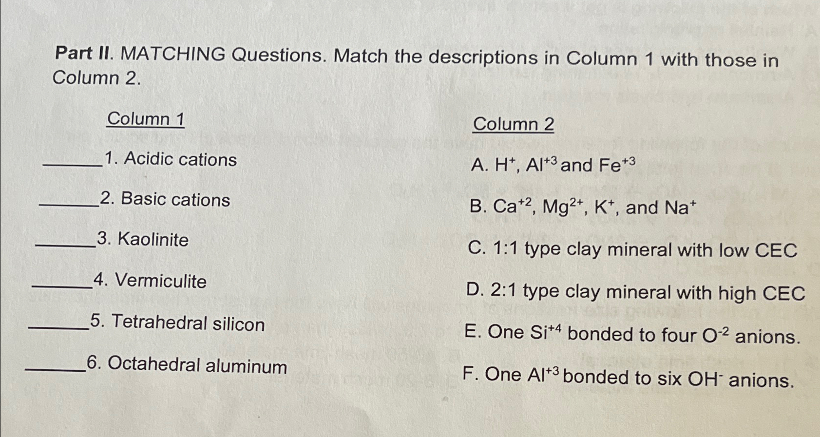 Solved Part II. ﻿MATCHING Questions. Match the descriptions | Chegg.com
