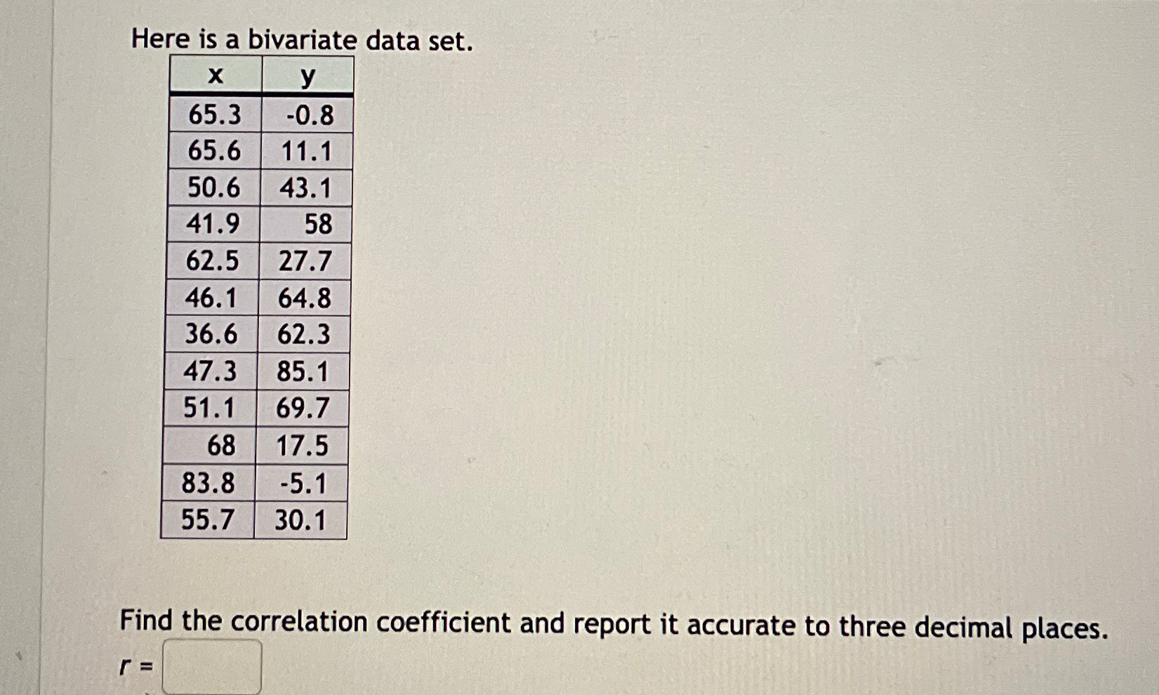 Solved Here is a bivariate data set.\table[[x,y | Chegg.com
