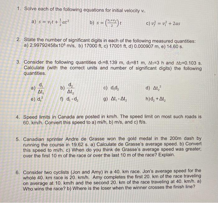 Solved 1. Solve each of the following equations for initial | Chegg.com