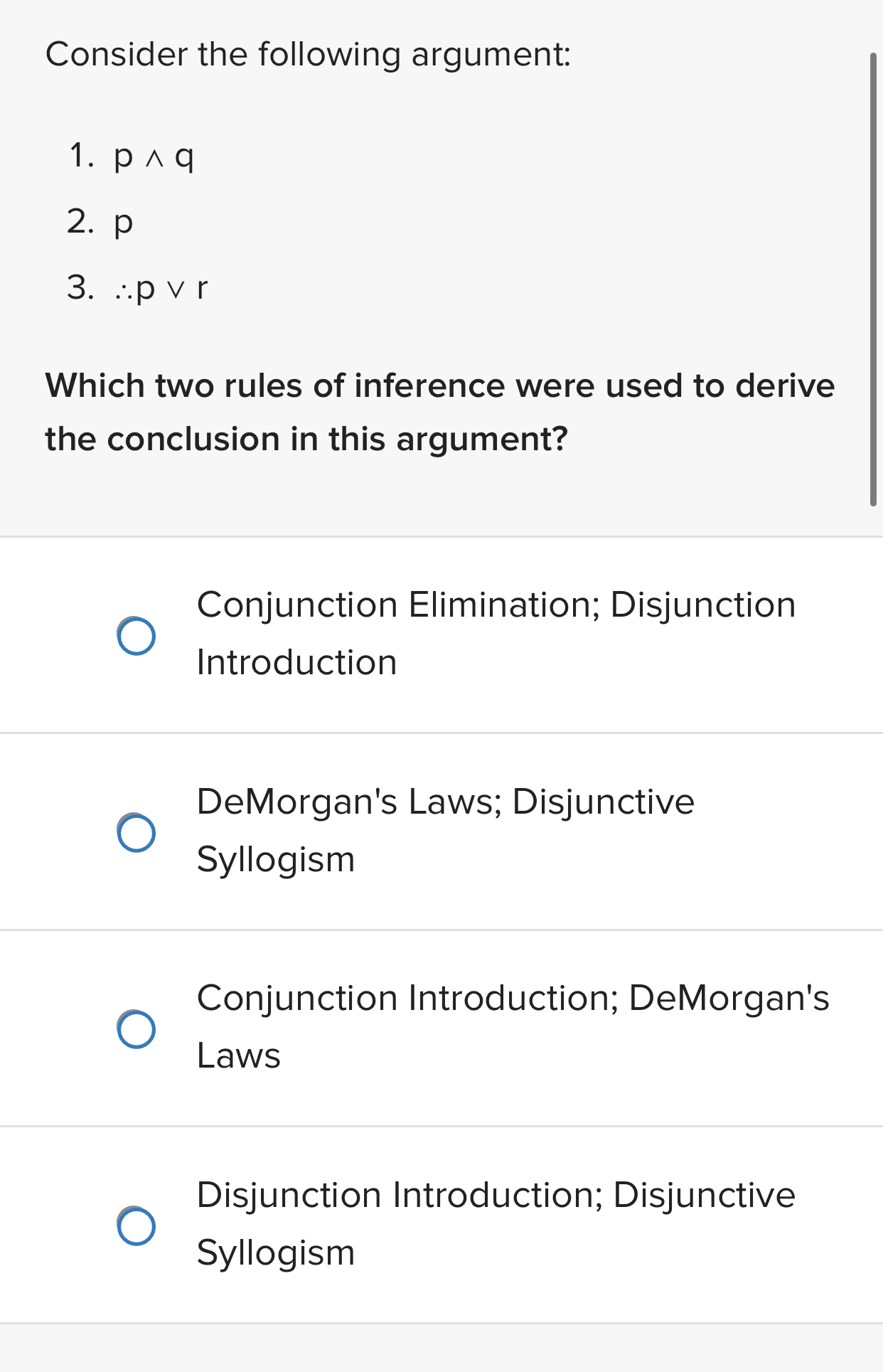 Solved Consider the following argument:p??qp:.pvvrWhich two | Chegg.com