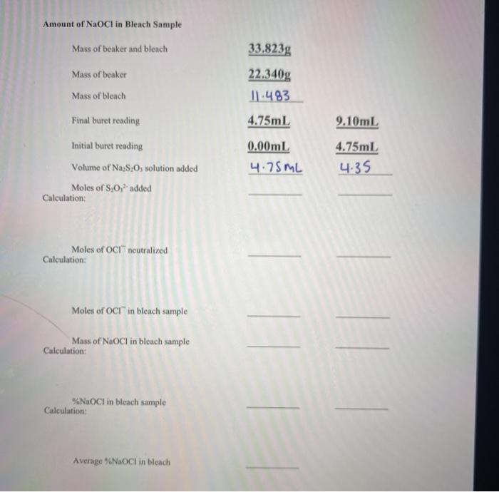 Solved Amount of NaCl in Bleach Sample Mass of beaker and | Chegg.com Solved Amount of NaCl in Bleach Sample Mass of beaker and | Chegg.com